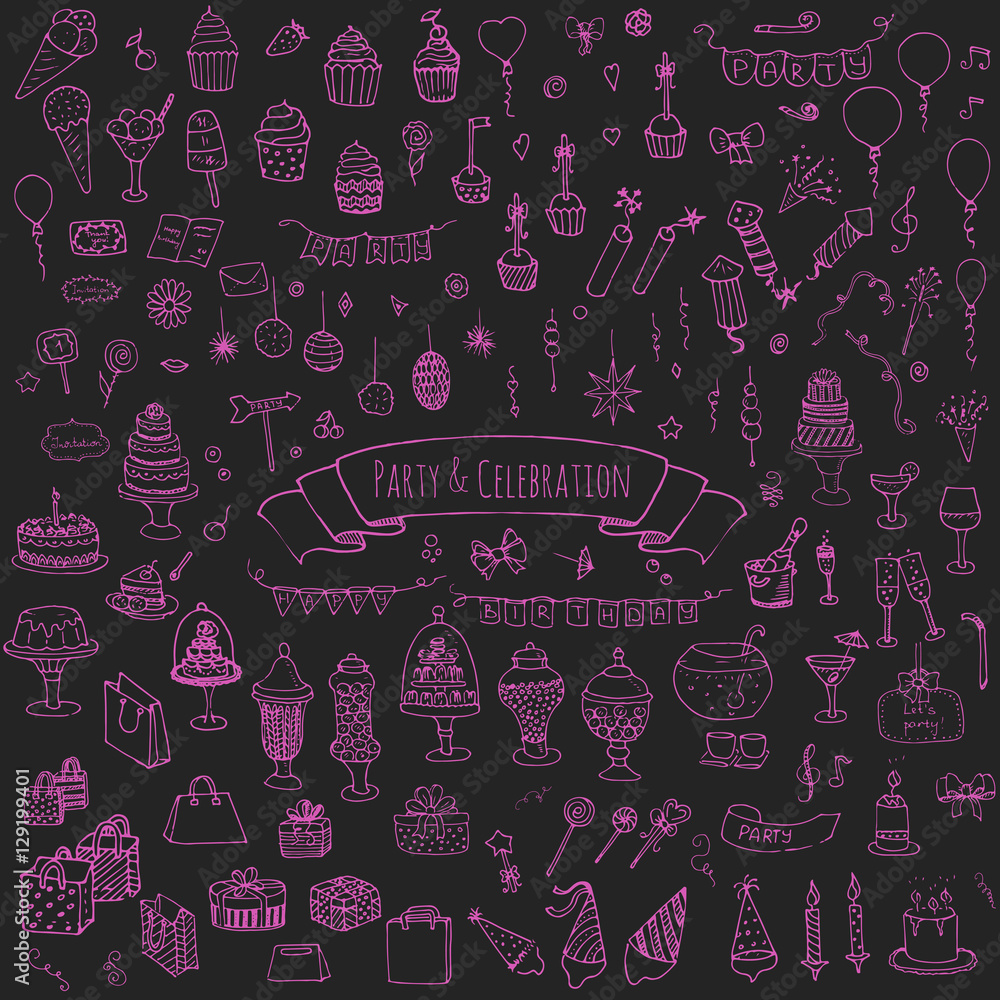 Hand drawn doodle Party and Celebration icons set Vector illustration ...