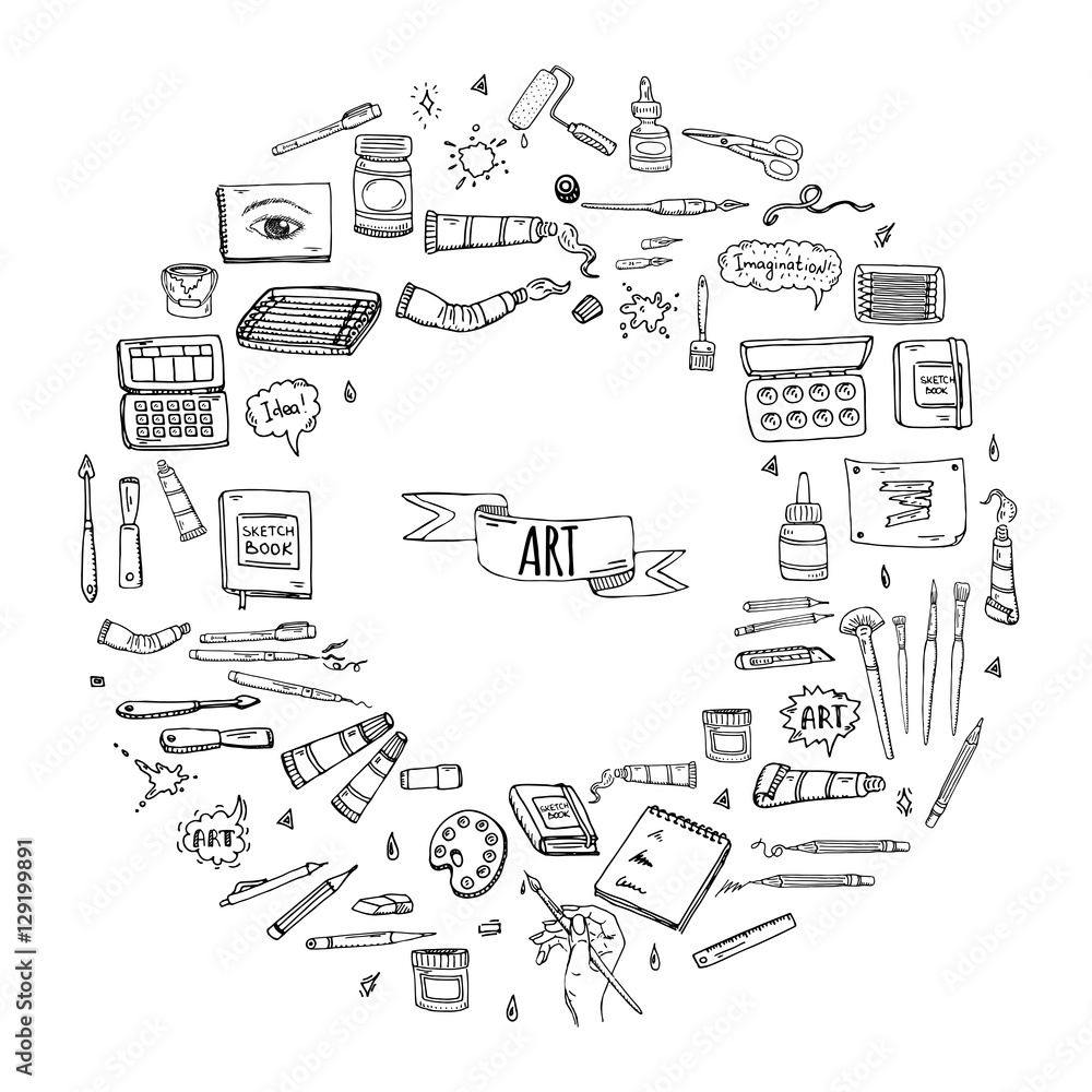 Hand drawn doodle Art and Craft tools icons set Vector illustration art ...