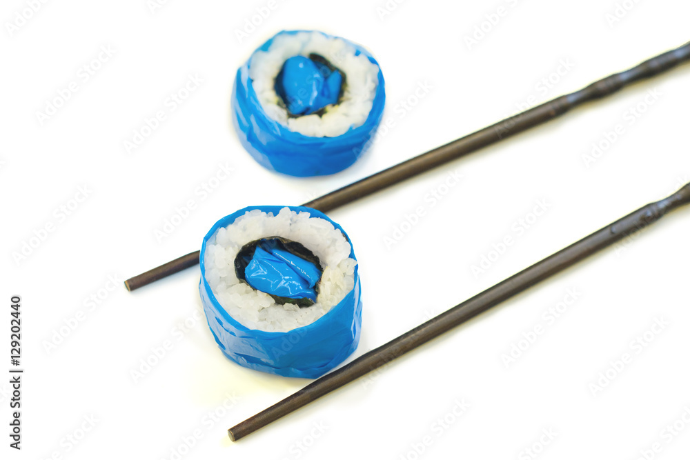 Plastic sushi as an illustration unnatural and pollution modern food ...