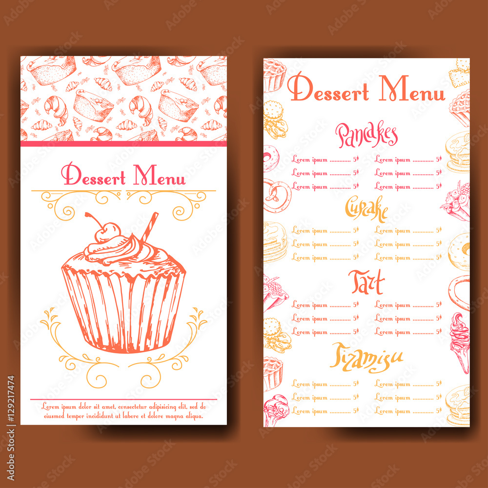 Design for sweets shop. Template with different hand drawn desserts ...