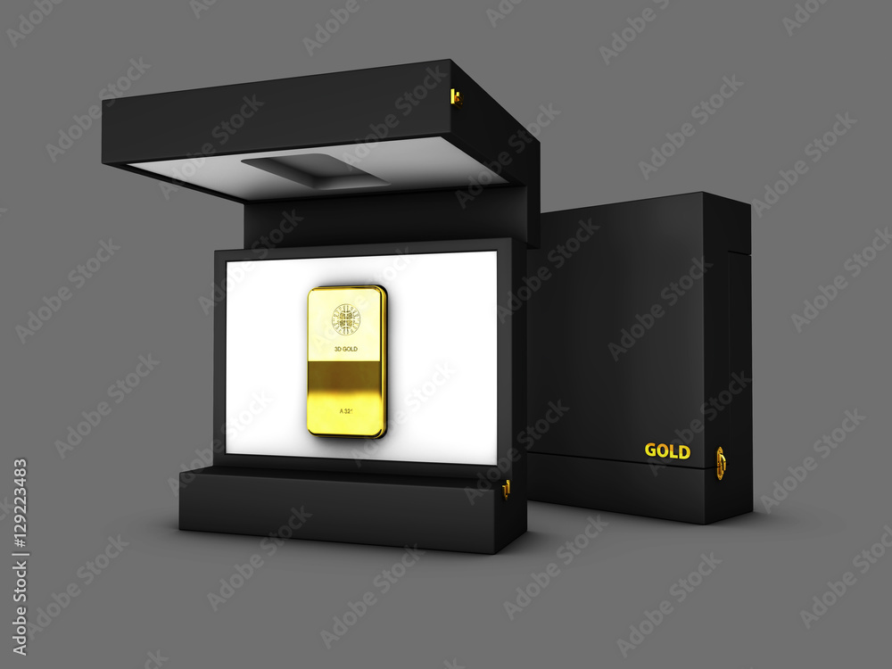 3d Illustration of box with gold bars, gold in the cardboard box. Open ...