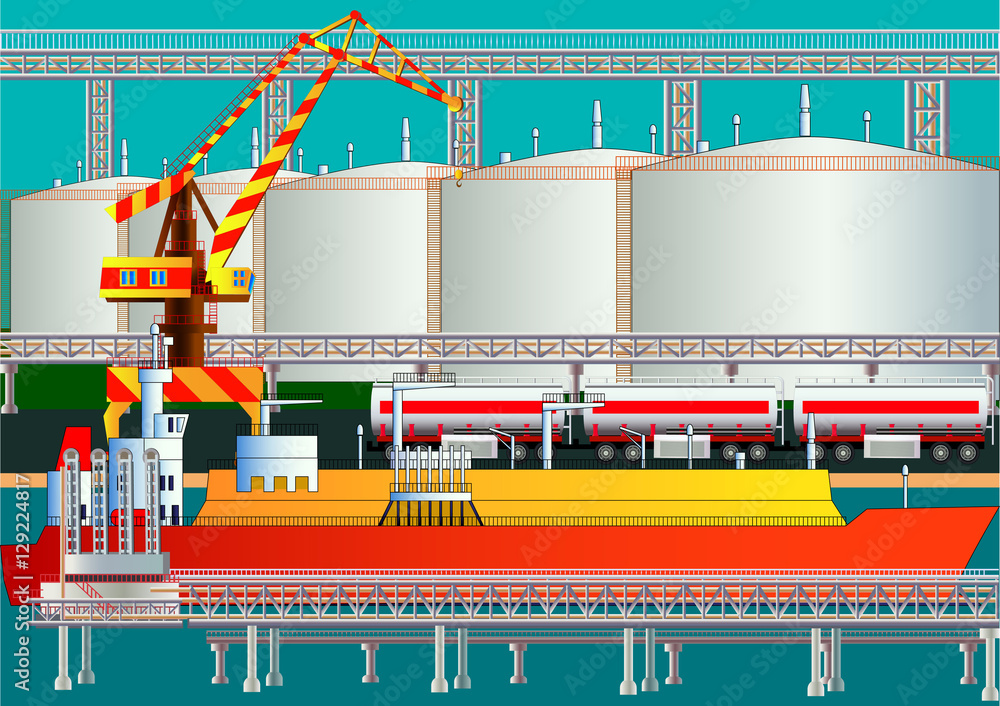 Fuel gas tanker, LNG transporter, gas terminal and tanks. Vector Stock ...