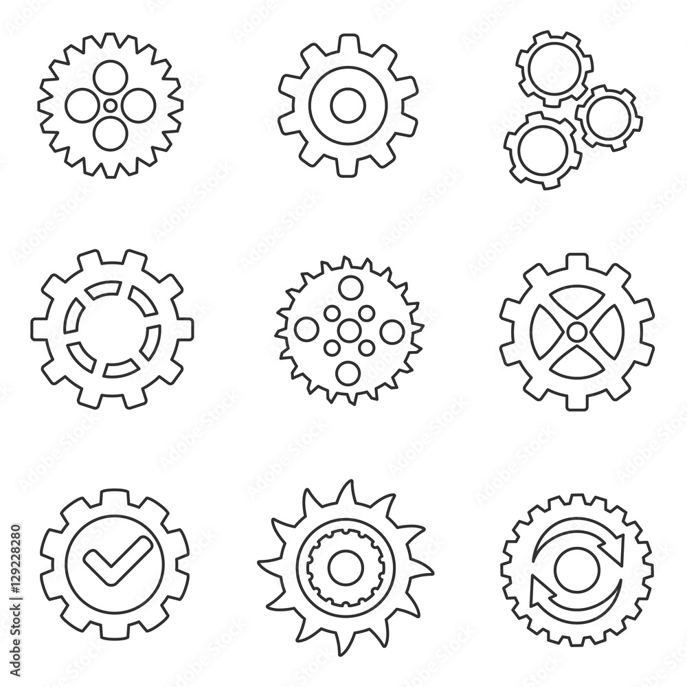 Gears icons set. Details of the mechanism, thin line design. Drive with ...