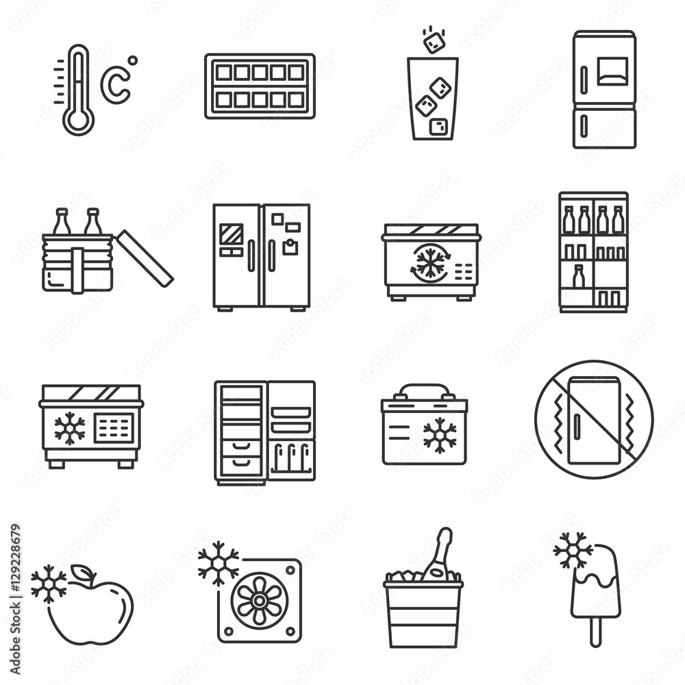 Fridge icon set. Cooling products, thin line design. Refrigerators for ...