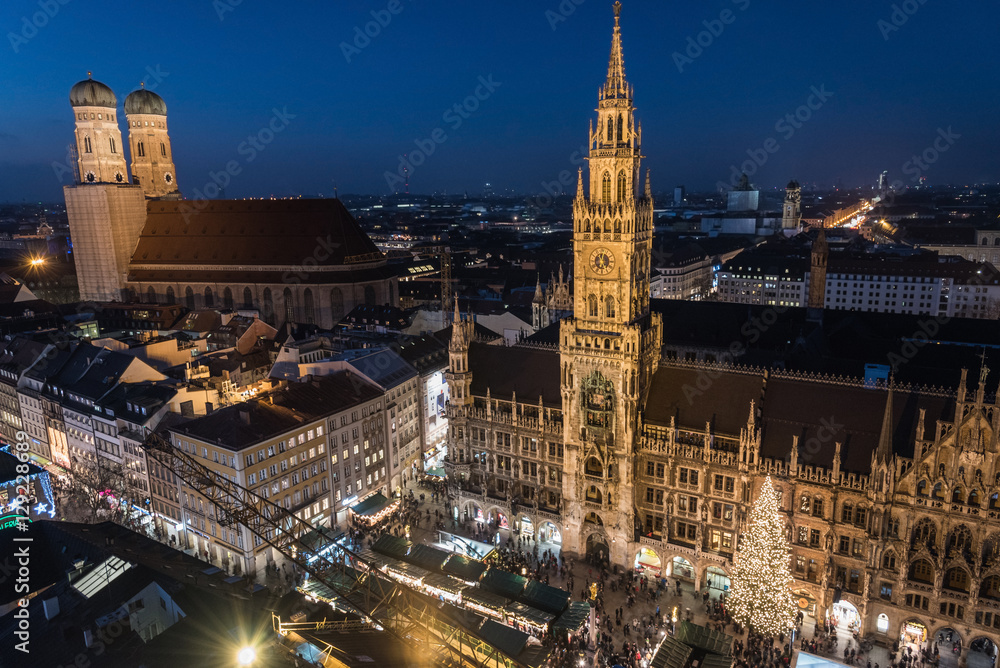 Aerial view of the Christmas market on the Mary's square (Marienplatz ...