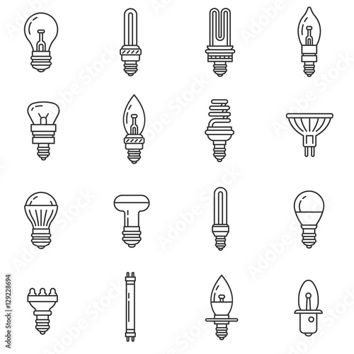 Lamps icons set. Incandescent lamp of different form, thin line design ...