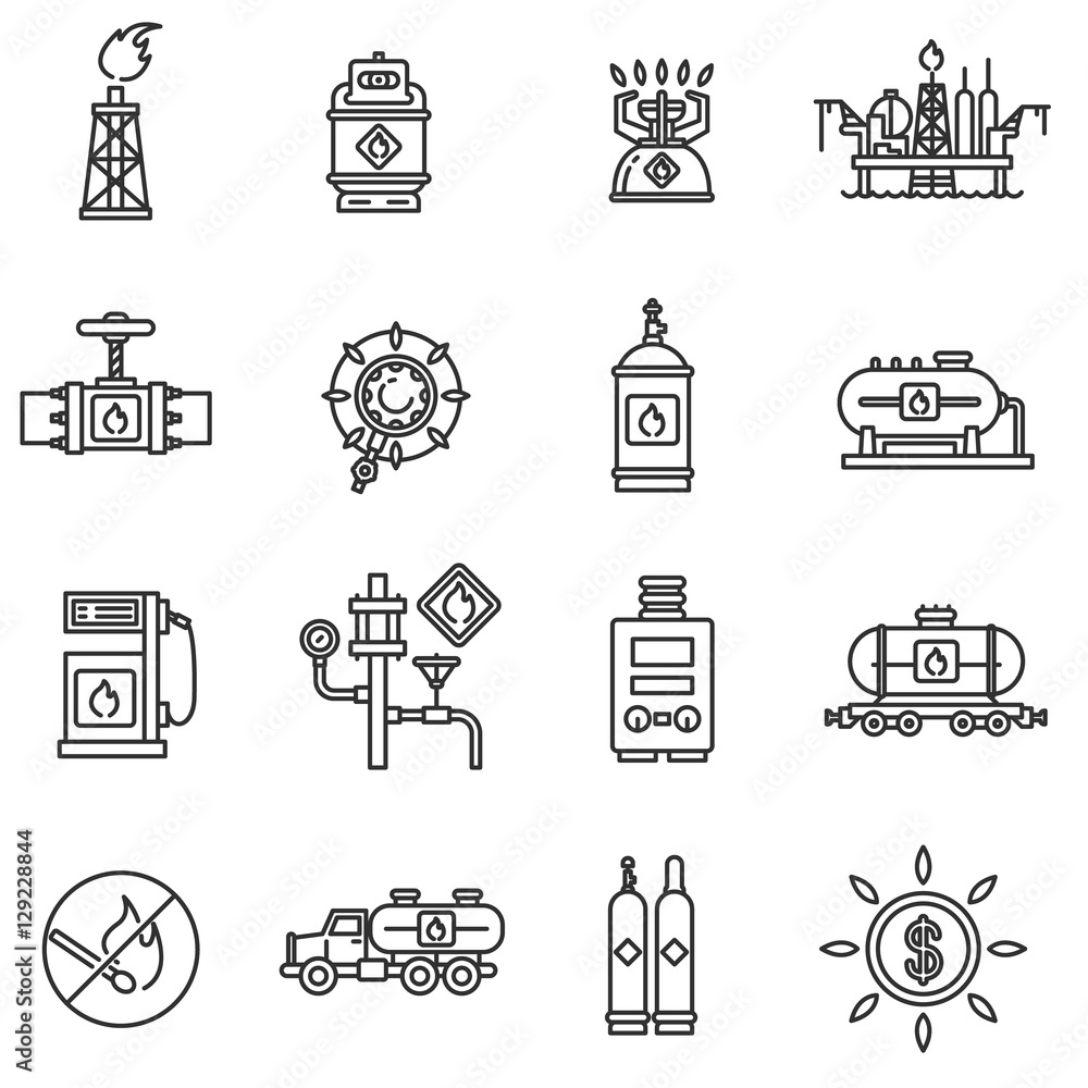 Propane gas icons set. Mining, shipping, processing and storage of gas ...