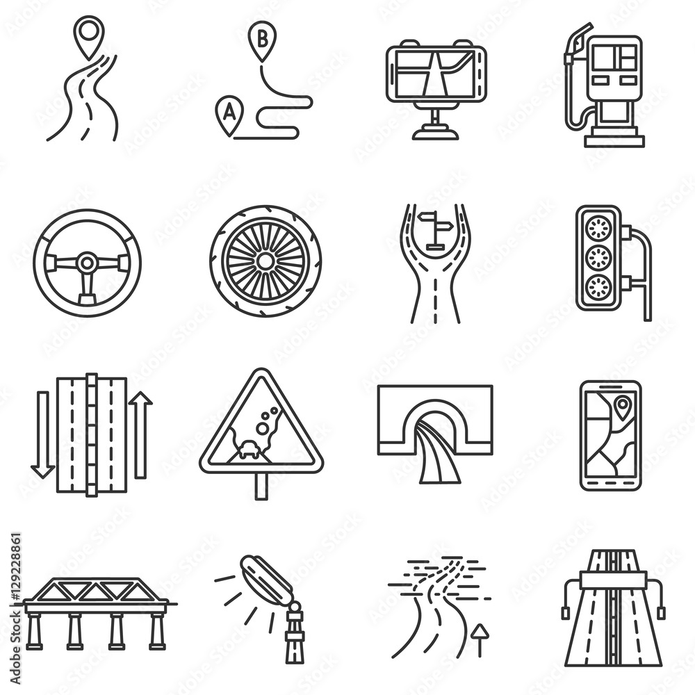 Road icons set. Highway, thin line design. The road to wheeled vehicle ...