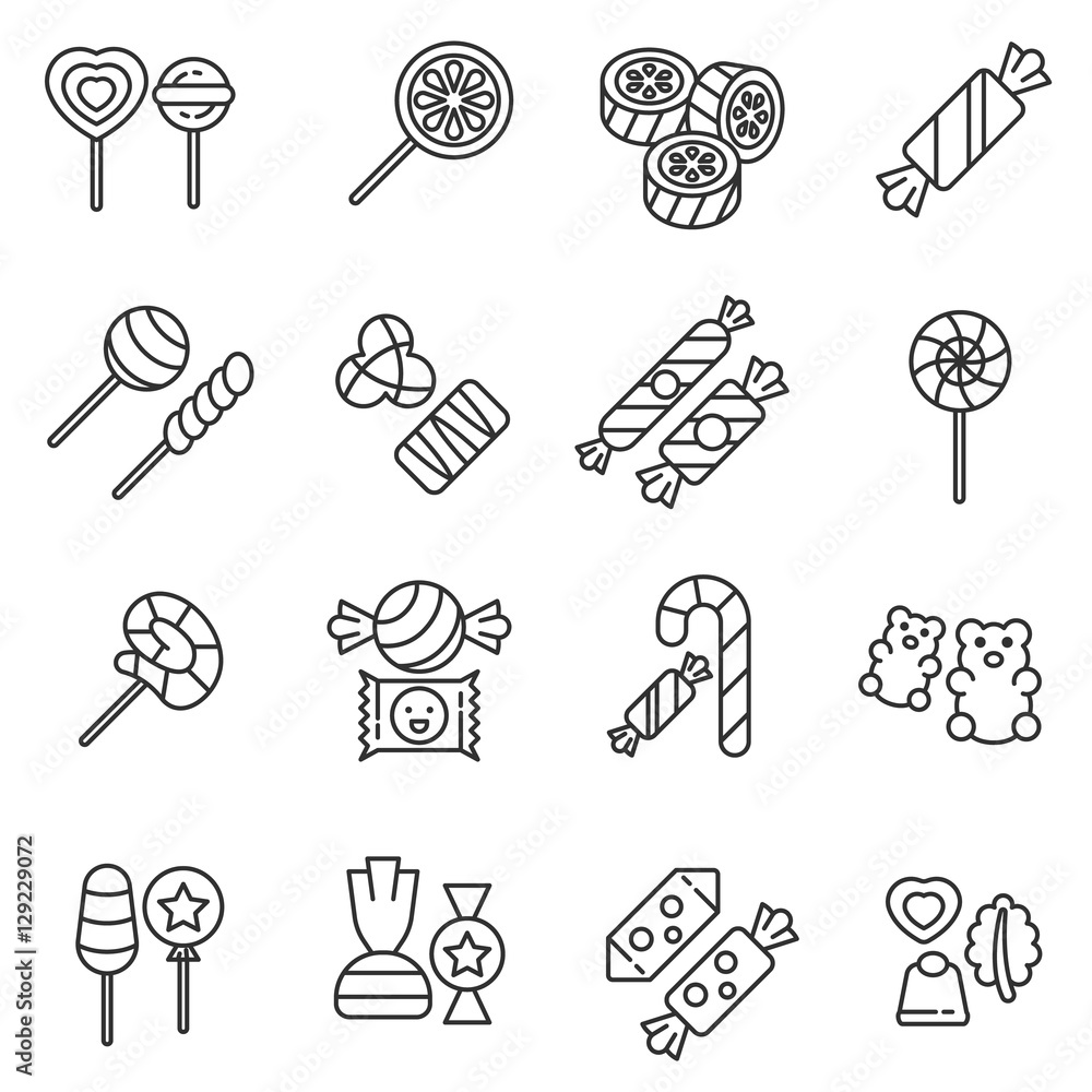 Candies icons set. Various sweets, thin line design. Sugar and ...