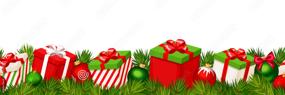 Vector Christmas horizontal seamless background with red and green gift ...