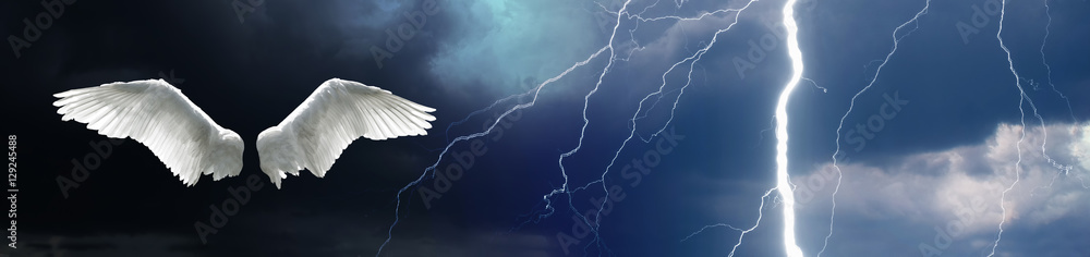 Angel wings with sky background showing lightning, stormy sky and ...