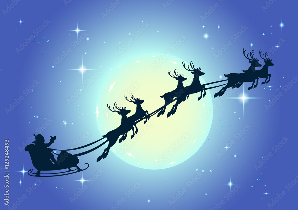 Santa Claus in sleigh and reindeer sled on background of full moon in ...