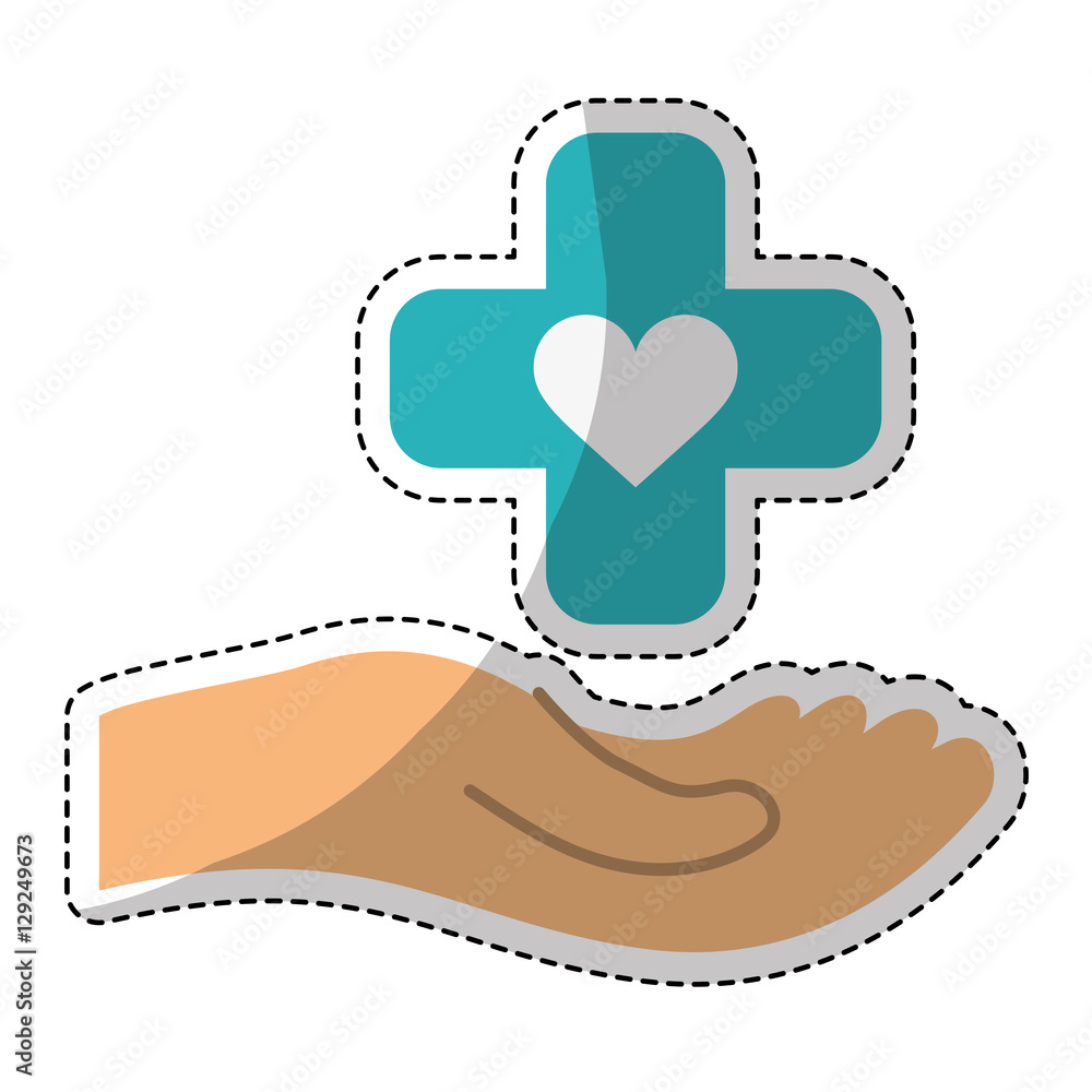 hand with medical cross with heart icon over white background. colorful ...