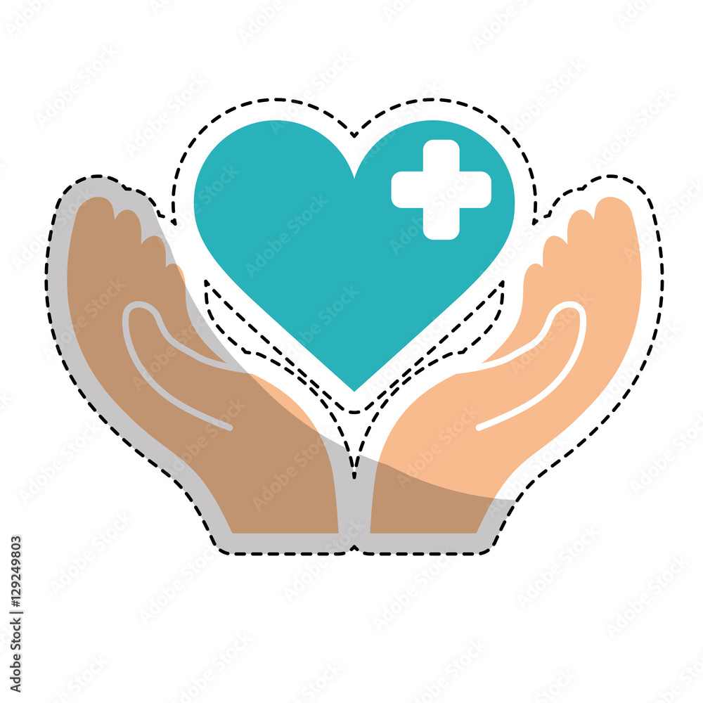 sticker of hands with heart with cross icon over white background ...