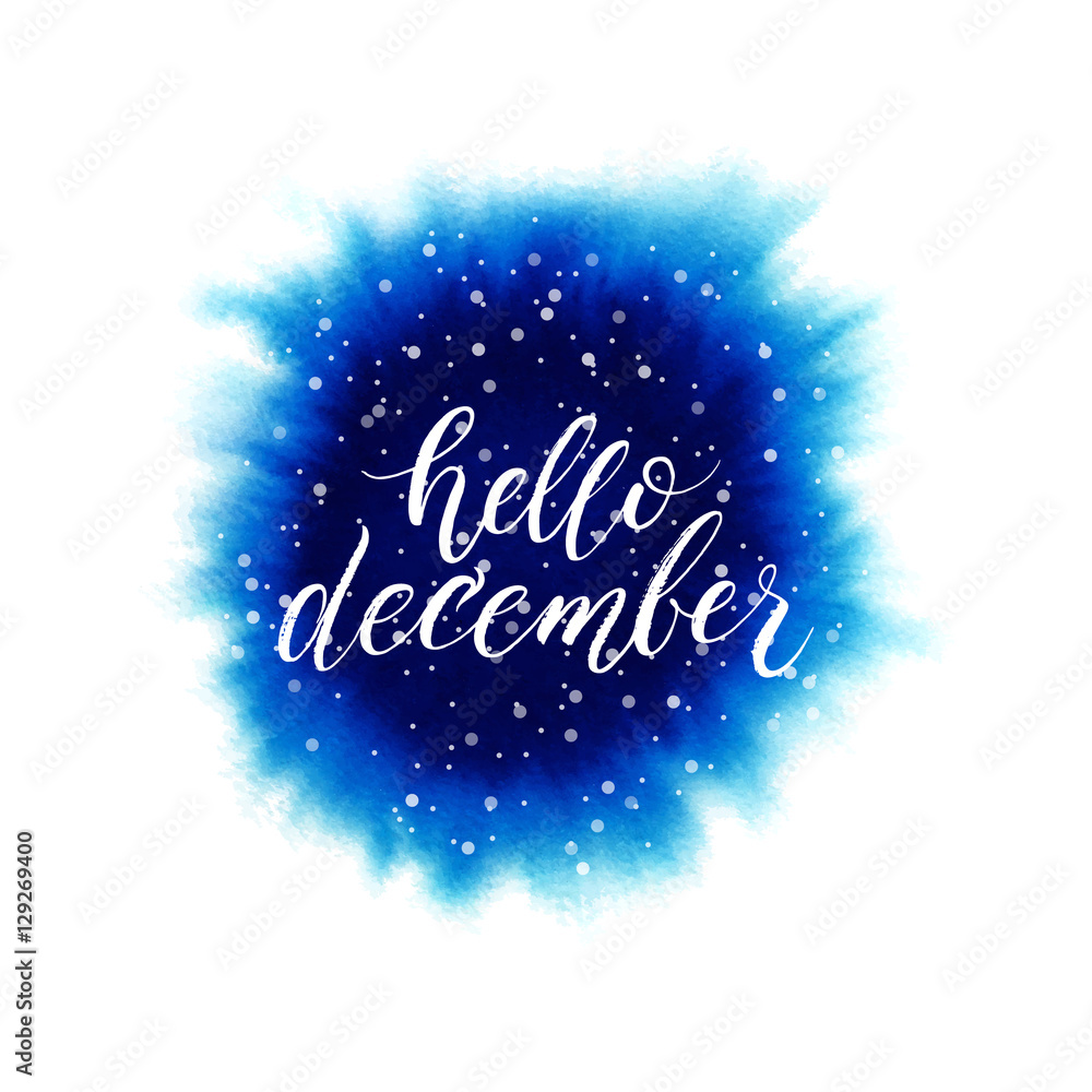 Hello december lettering on blue watercolor splash isolated on white ...