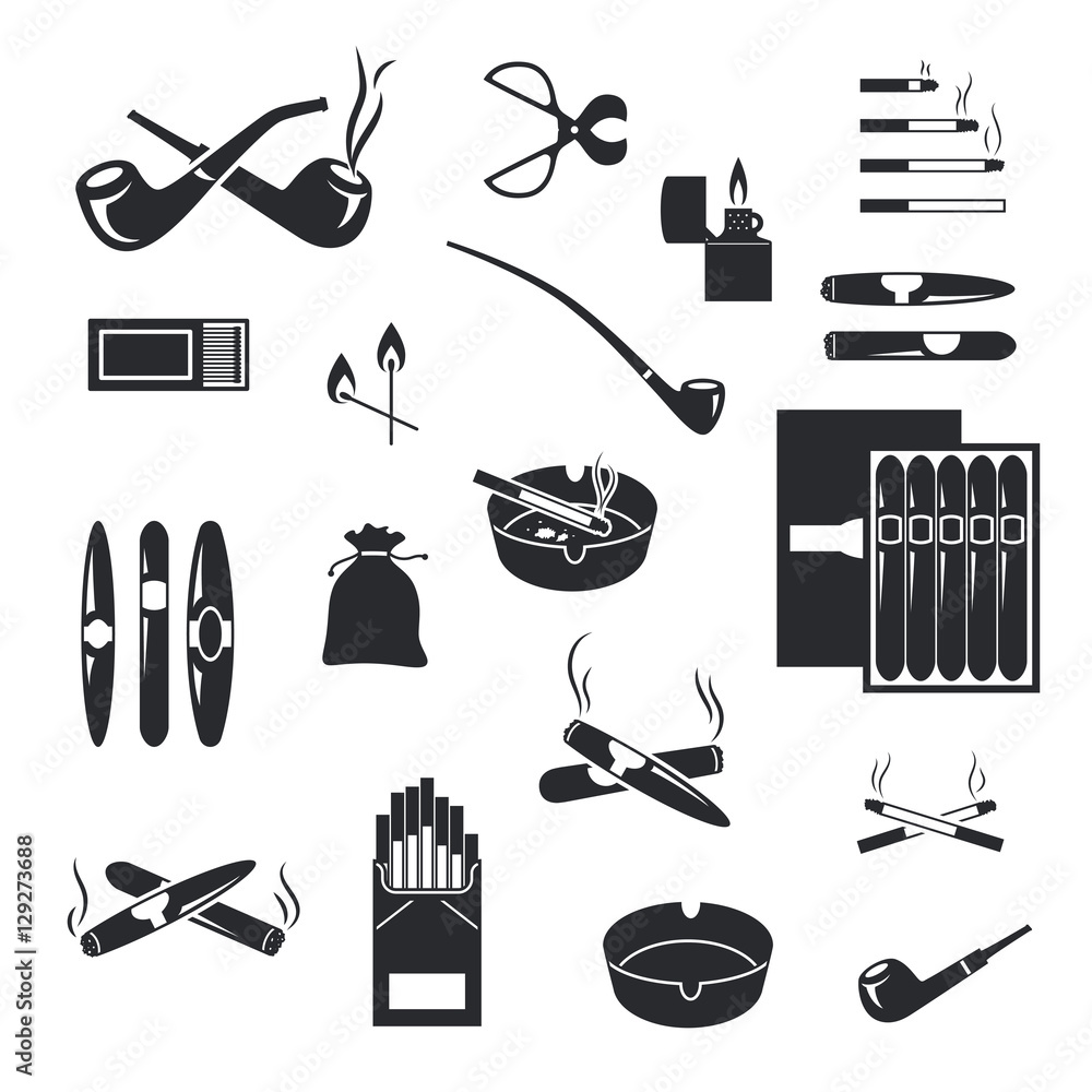 Silhouette smoking and cigarette icons vector black and white set ...