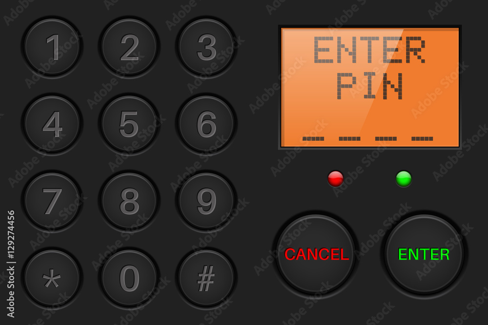 Pin enter display with number buttons. Black plastic background Stock ...