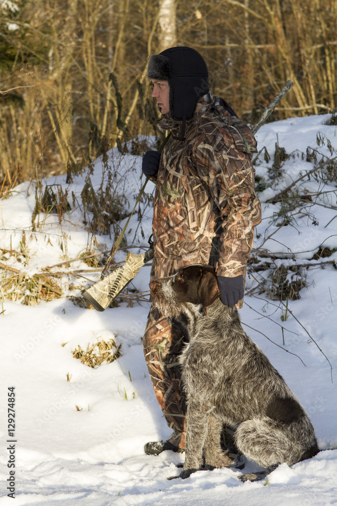 Winter hunting with a dog. man in camouflage with a gun and hunting dog ...