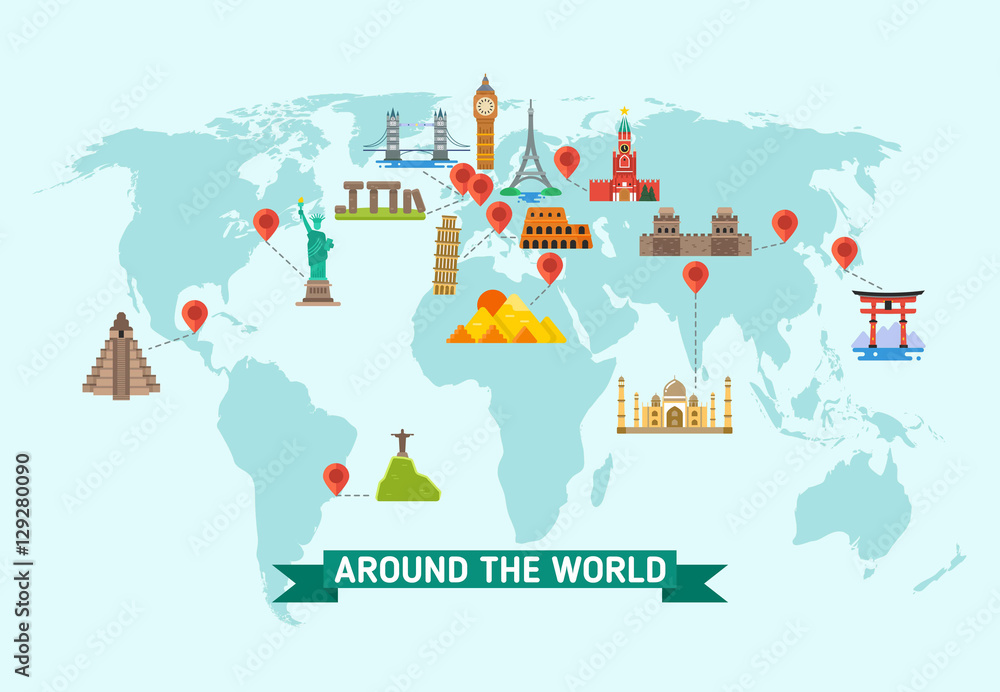 Travel landmarks on world map vector illustration Stock Vector | Adobe ...