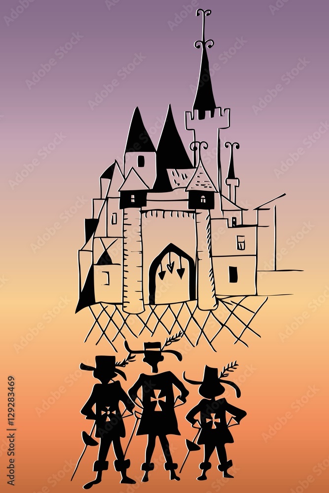 sketches silhouettes Three Musketeers standing at the gates of the ...