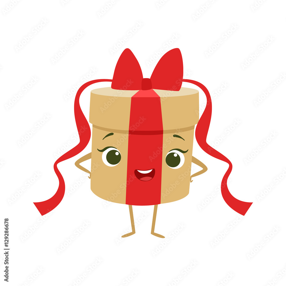 Round Gift Box With Red Bow Kids Birthday Party Happy Smiling Animated ...