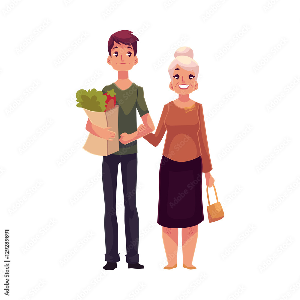 Young man helping grandmother with shopping, cartoon vector ...