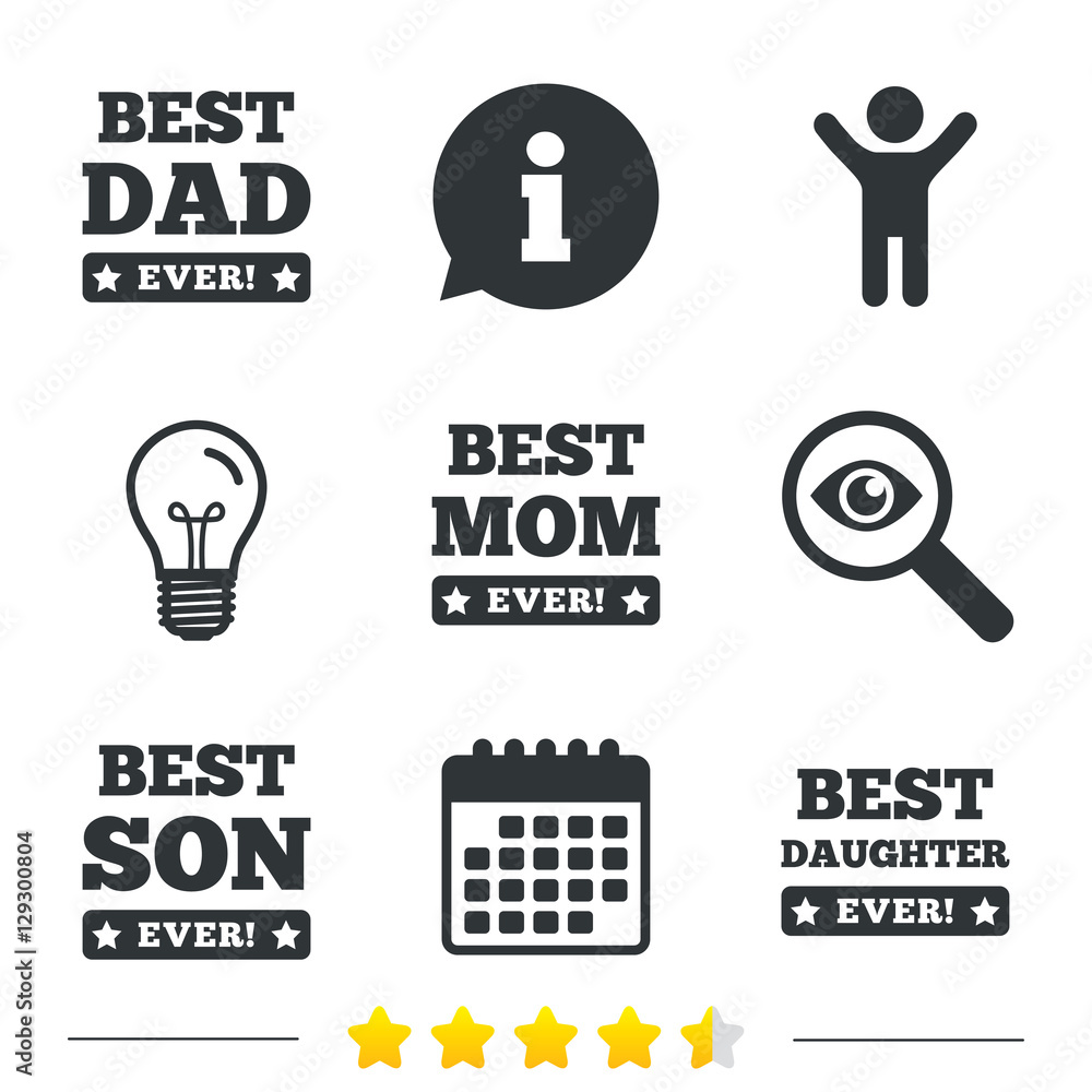 Best mom and dad, son and daughter icons. Awards with exclamation mark ...