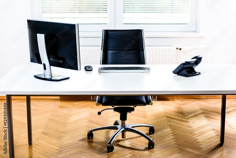 Modern empty office space desk with computer, phone and chair. Stock ...