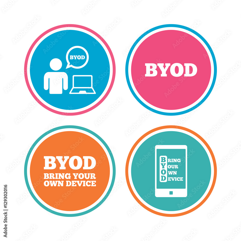 BYOD icons. Human with notebook and smartphone signs. Speech bubble ...