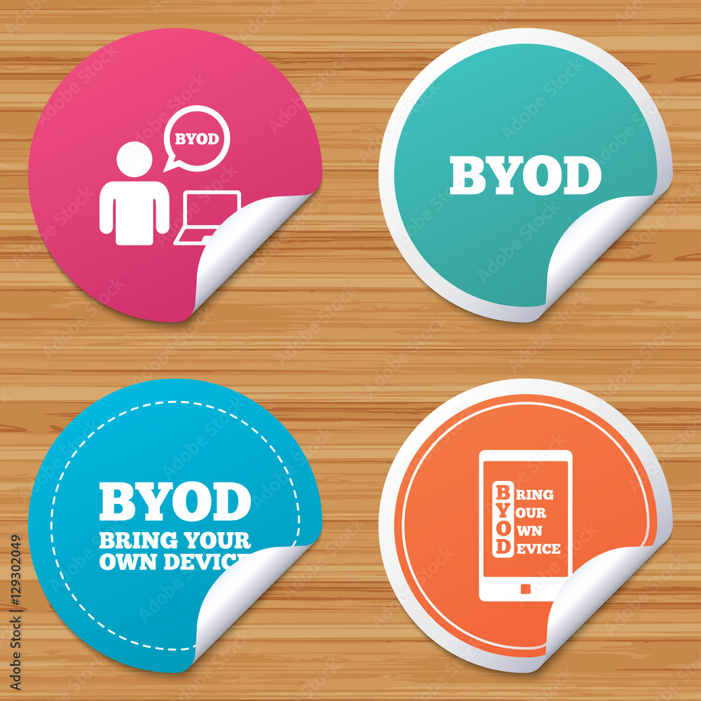 Round stickers or website banners. BYOD icons. Human with notebook and ...