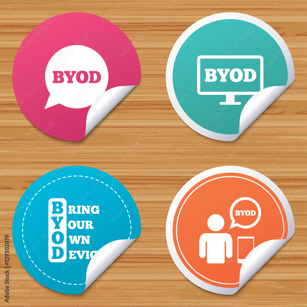 Round stickers or website banners. BYOD icons. Human with notebook and ...