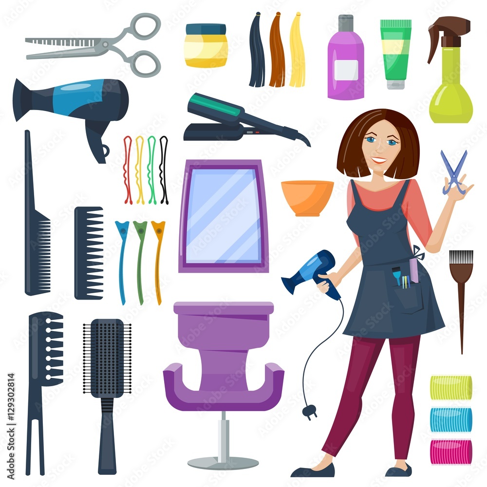 Set of hairdresser and barber equipment. Hairdressing tools. Scissors ...