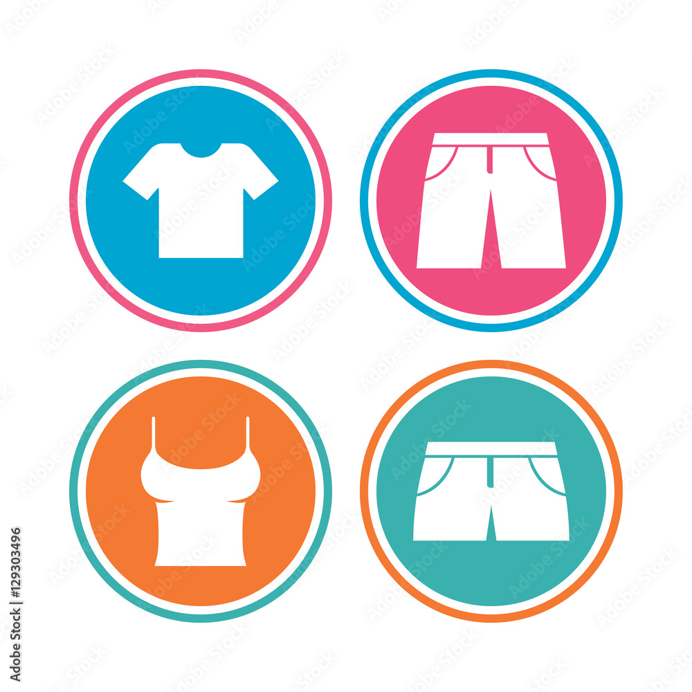 Clothes icons. T-shirt and pants with shorts signs. Swimming trunks ...