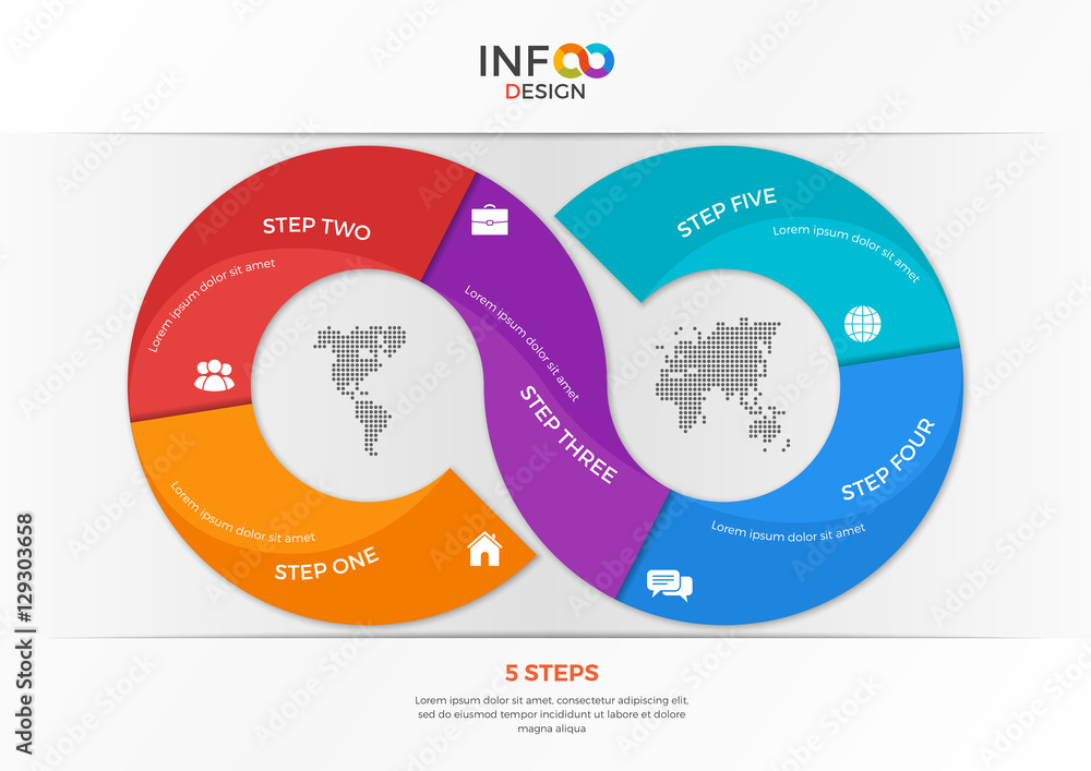 Infographic template in the form of the infinity sign with 5 steps ...