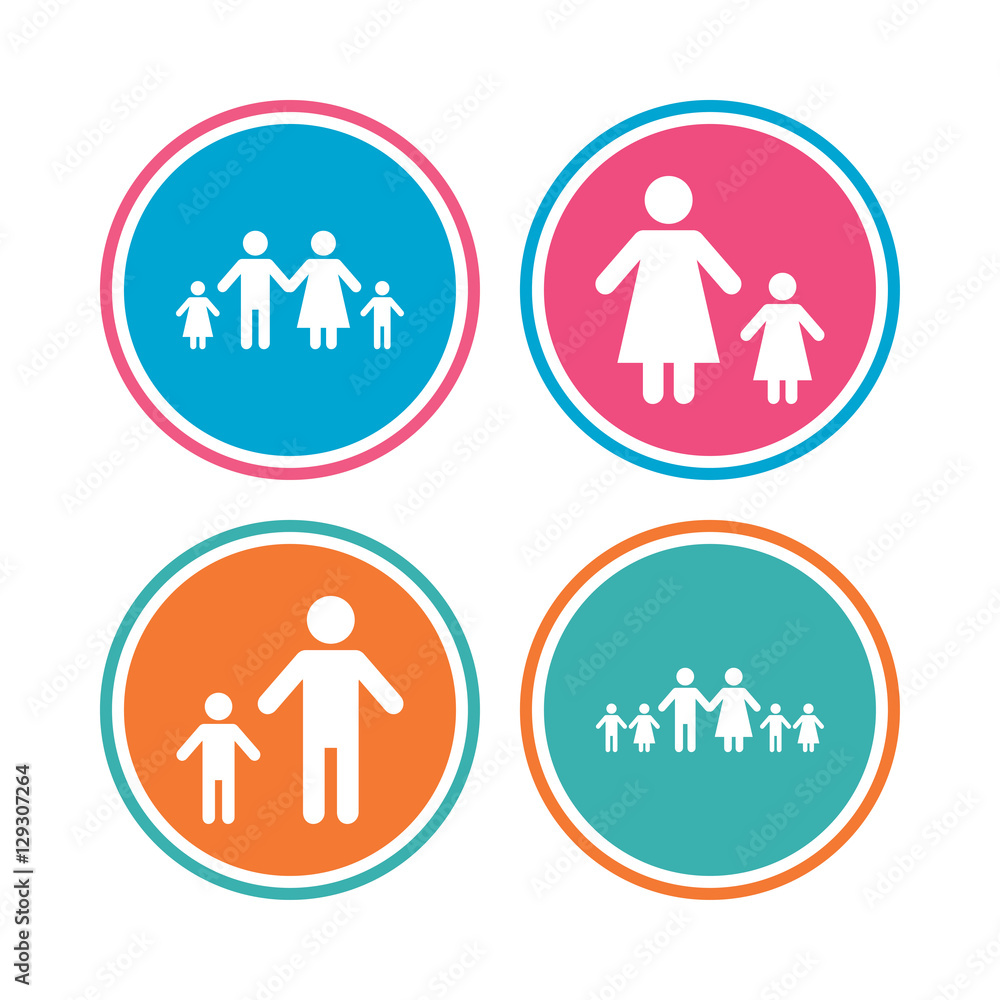 Large family with children icon. Parents and kids symbols. One-parent ...