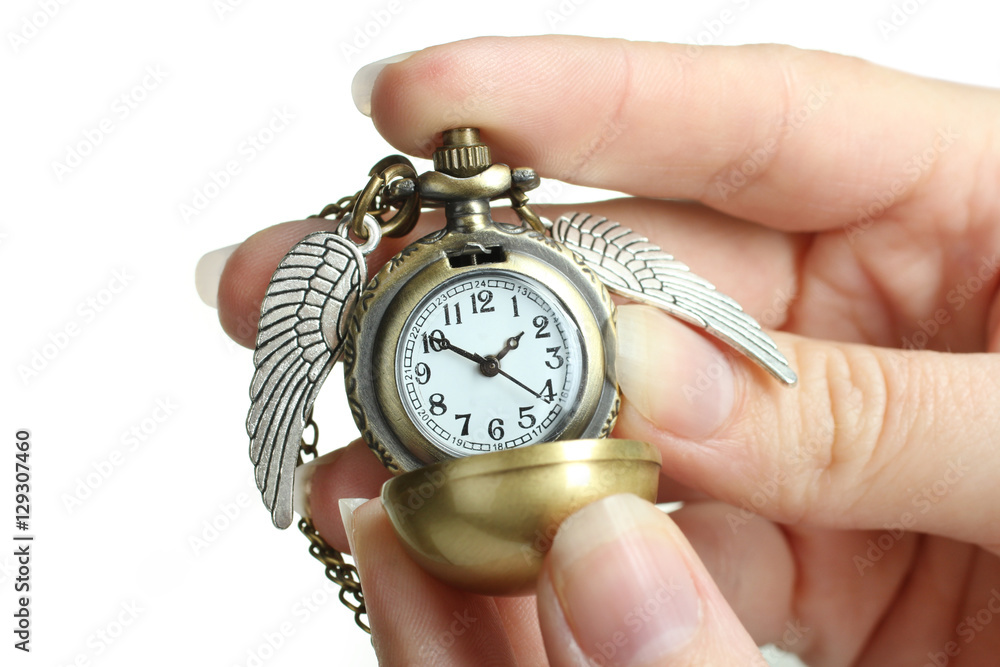 Female hand holding a vintage watch with chain isolated on white ...