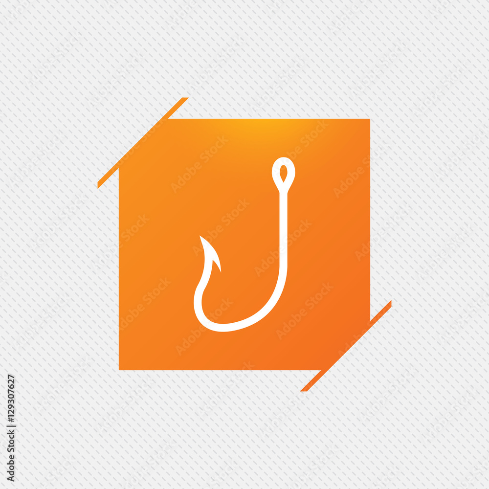 Fishing hook sign icon. Fishermen tackle symbol. Orange square label on ...
