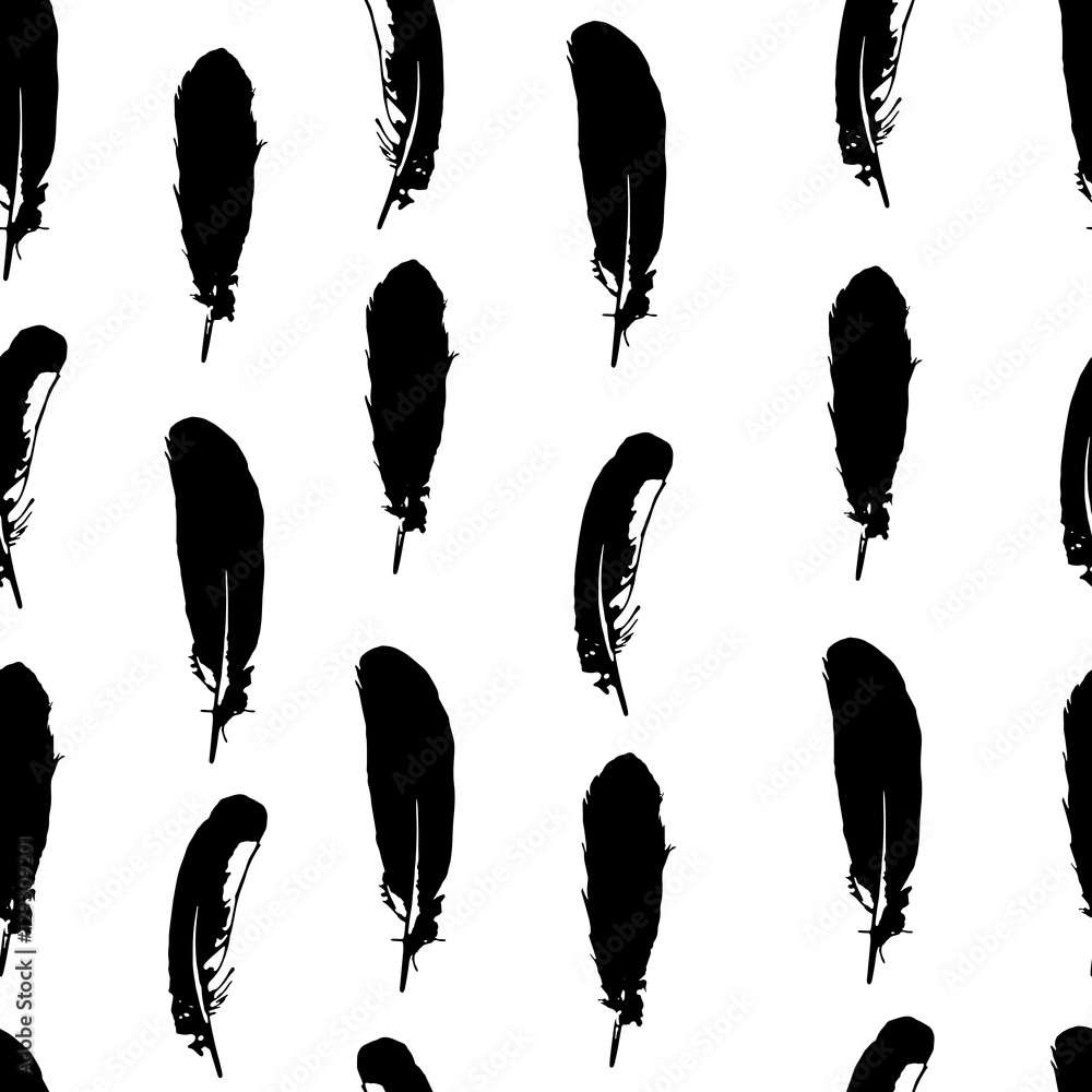 Seamless pattern with beautiful black feathers on white. Vector ...