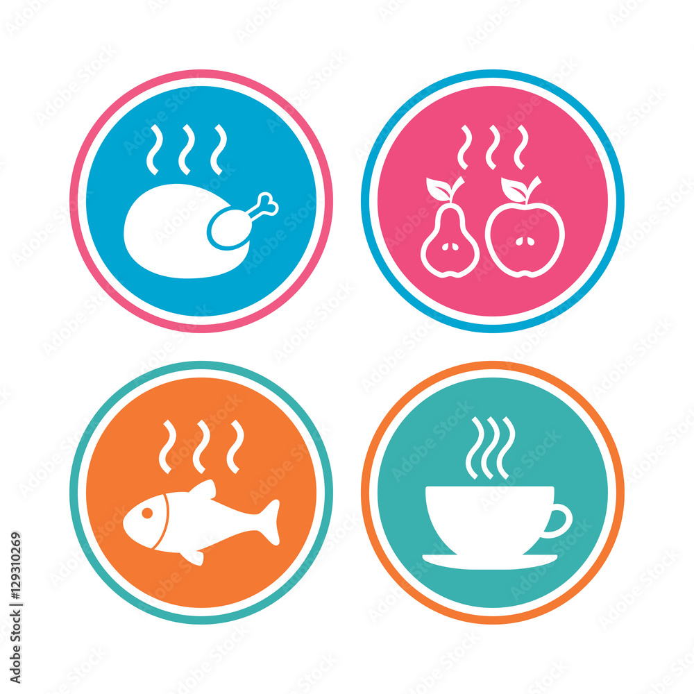 Hot food icons. Grill chicken and fish symbols. Hot coffee cup sign ...