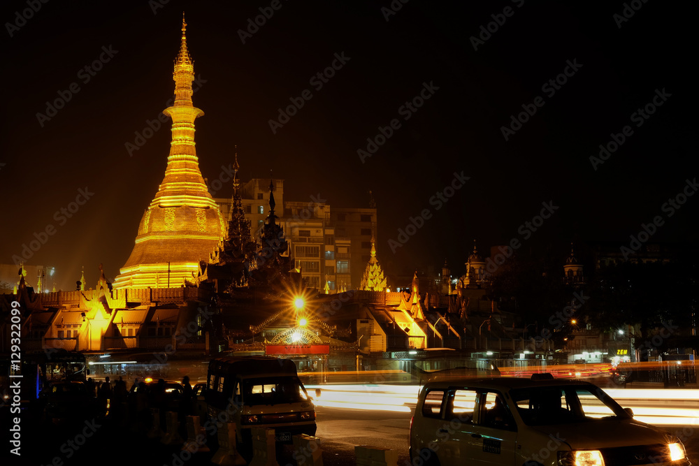 SULE PAGODA IN YANGON The night scene of Sule Pagoda in the center city ...