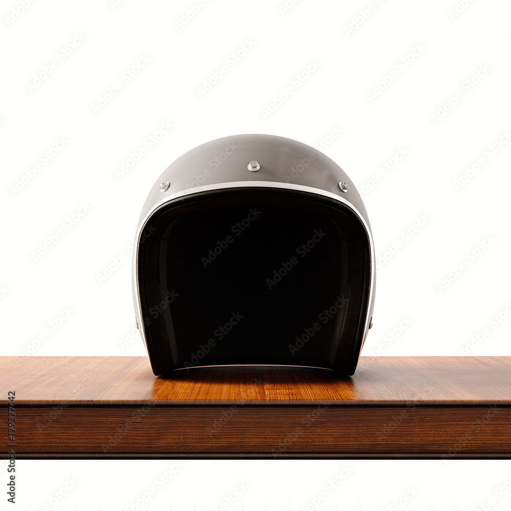 Front side view of gray color vintage style motorcycle helmet on ...