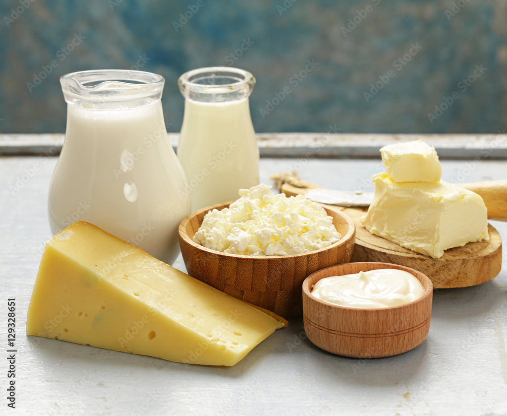 Assorted dairy products (milk, yogurt, cottage cheese, sour cream ...