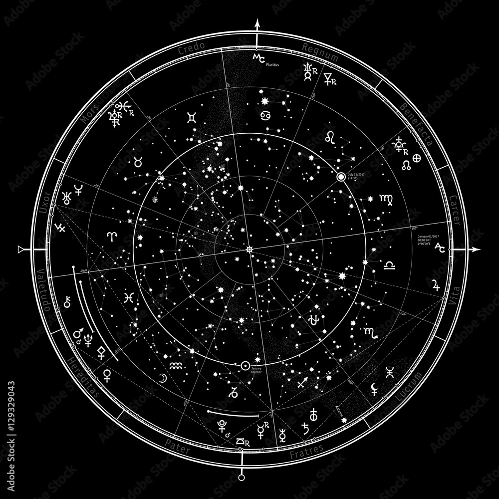 Astrological Celestial map of Northern Hemisphere. Horoscope on January ...