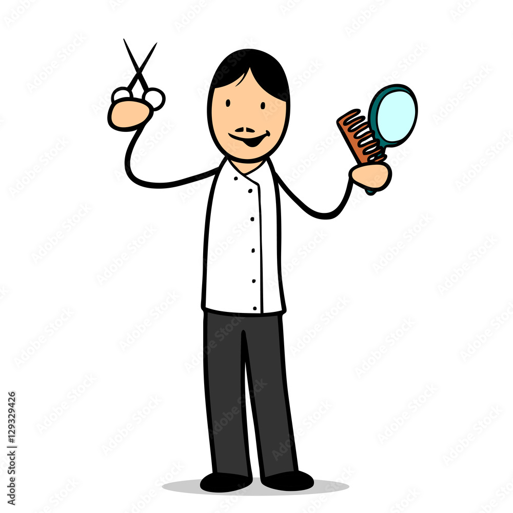 Cartoon Mann als Friseur mit Schere Illustration Stock | Adobe Stock