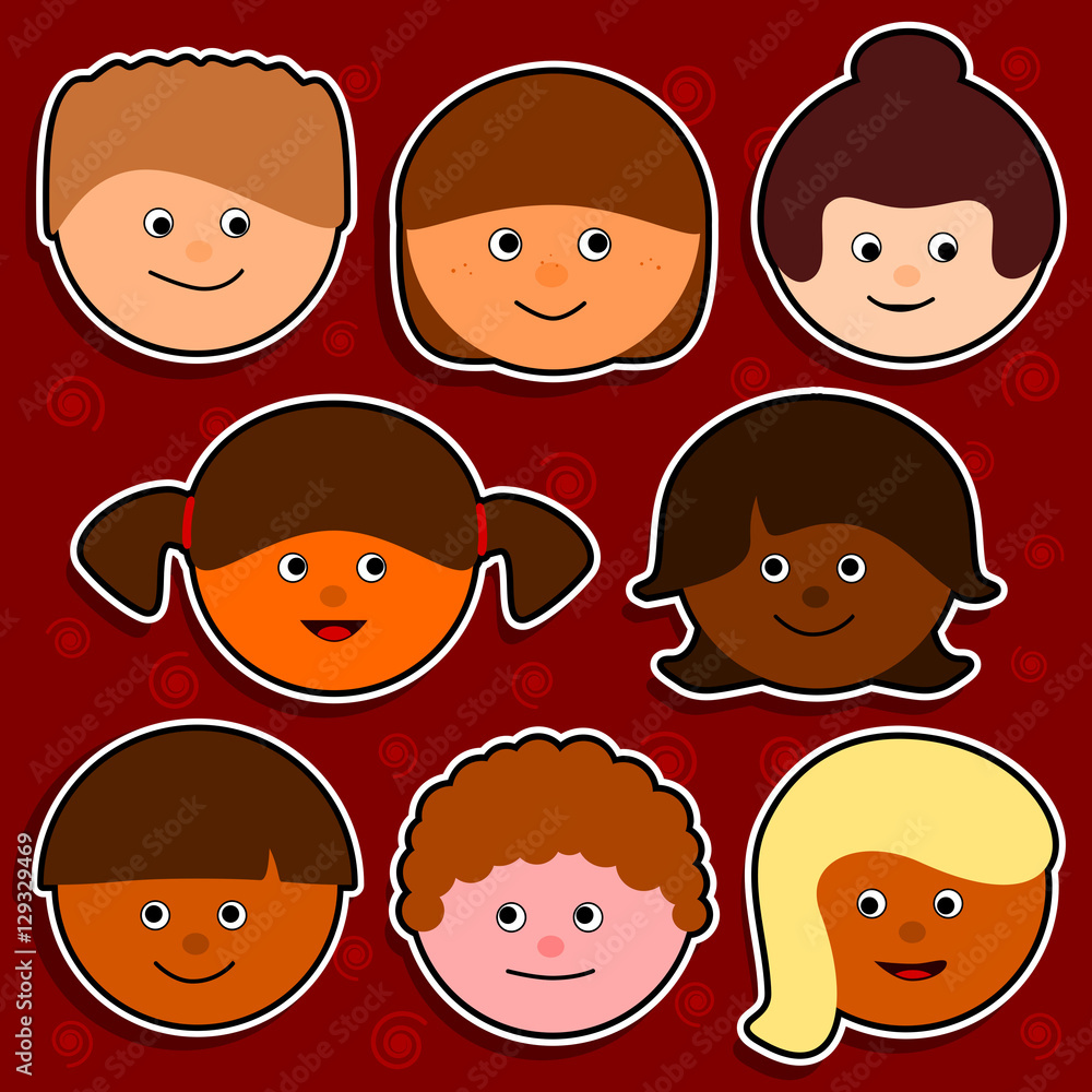 cute happy faces of girls and boys in front of a dark red background ...