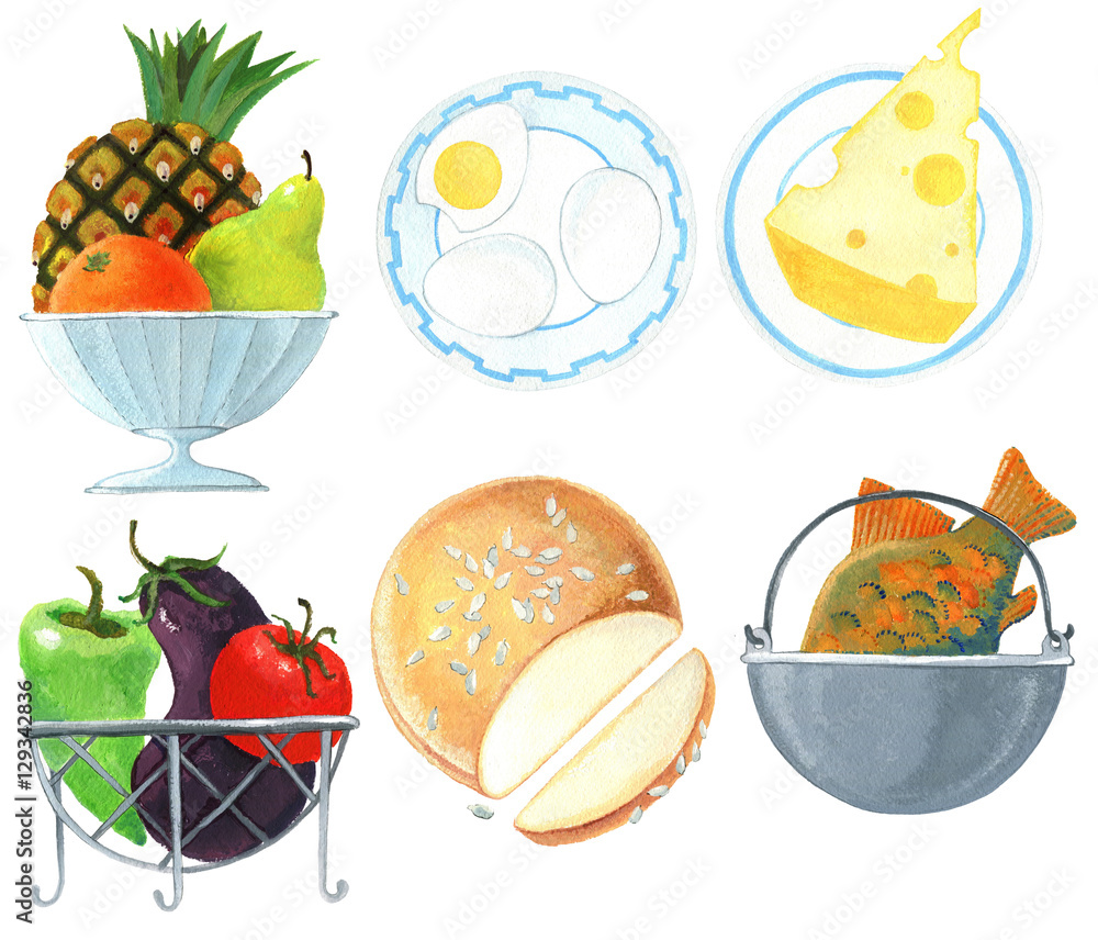 Different foodб different kinds of food in a dish on a white background ...