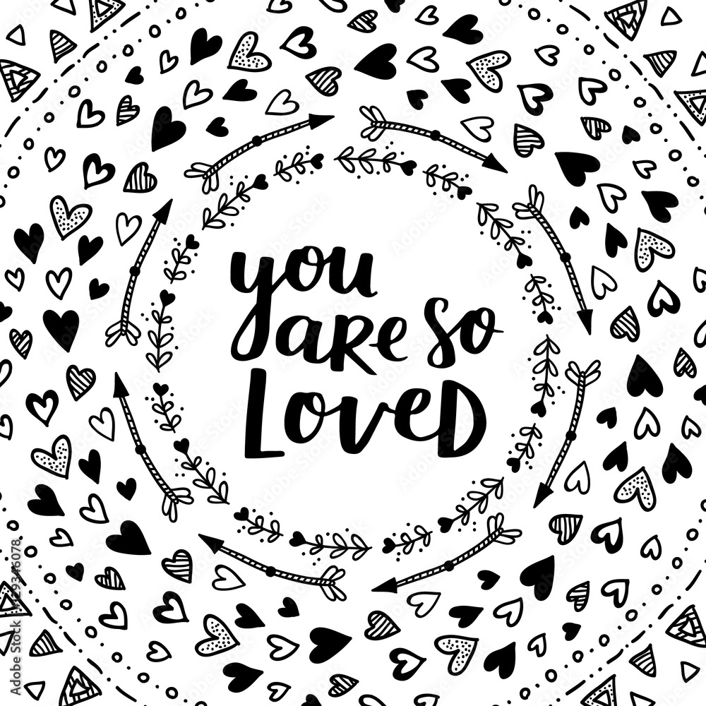 Valentines Day vector greeting card. Black and white colors for ...