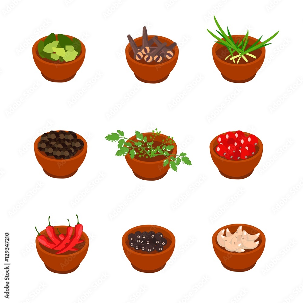 Isometric and cartoon style flavorful spices, condiments icon. Vector ...