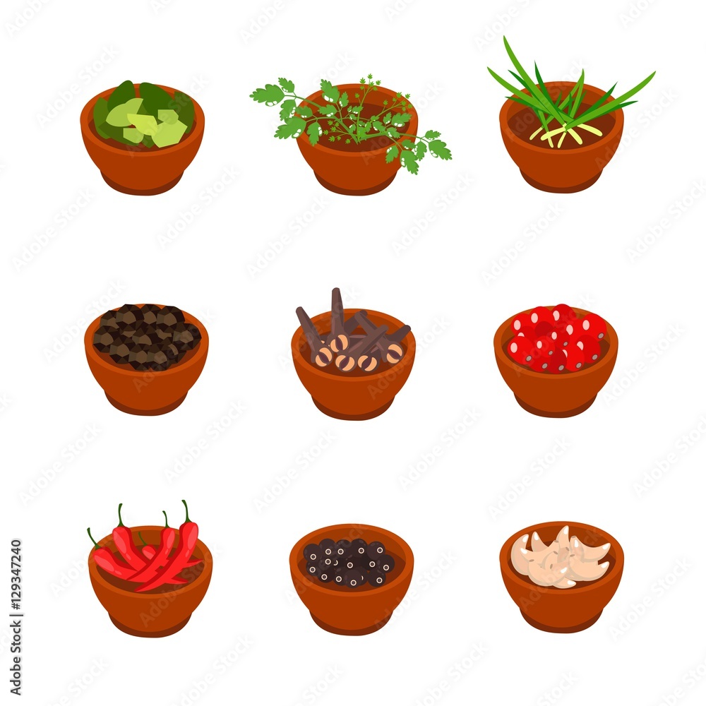 Isometric and cartoon style flavorful spices, condiments icon. Vector ...