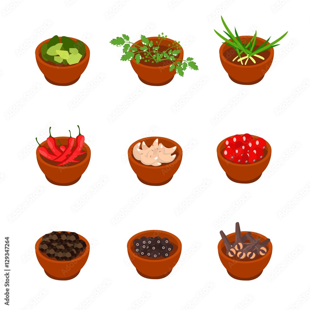 Isometric and cartoon style flavorful spices, condiments icon. Vector ...